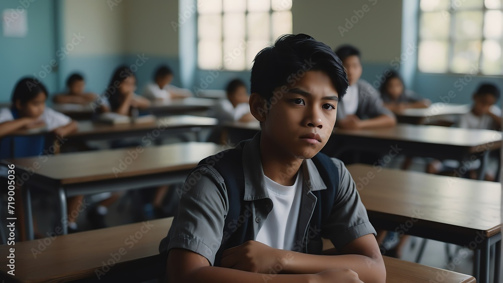 Portrait of a young teen filipino boy feeling lonely and sad on the ...