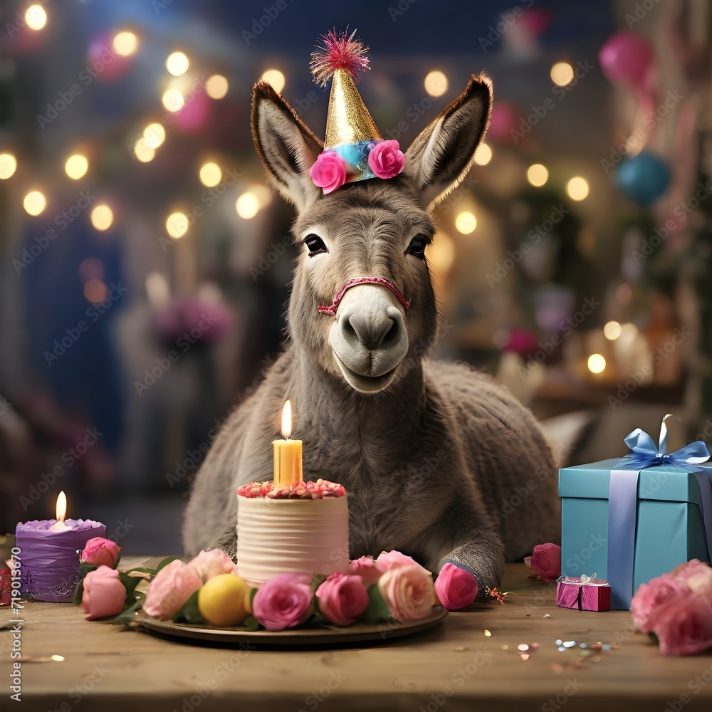 Birthday Donkey With Birthday Hat In Head, Donkey Celebrating Birthday ...