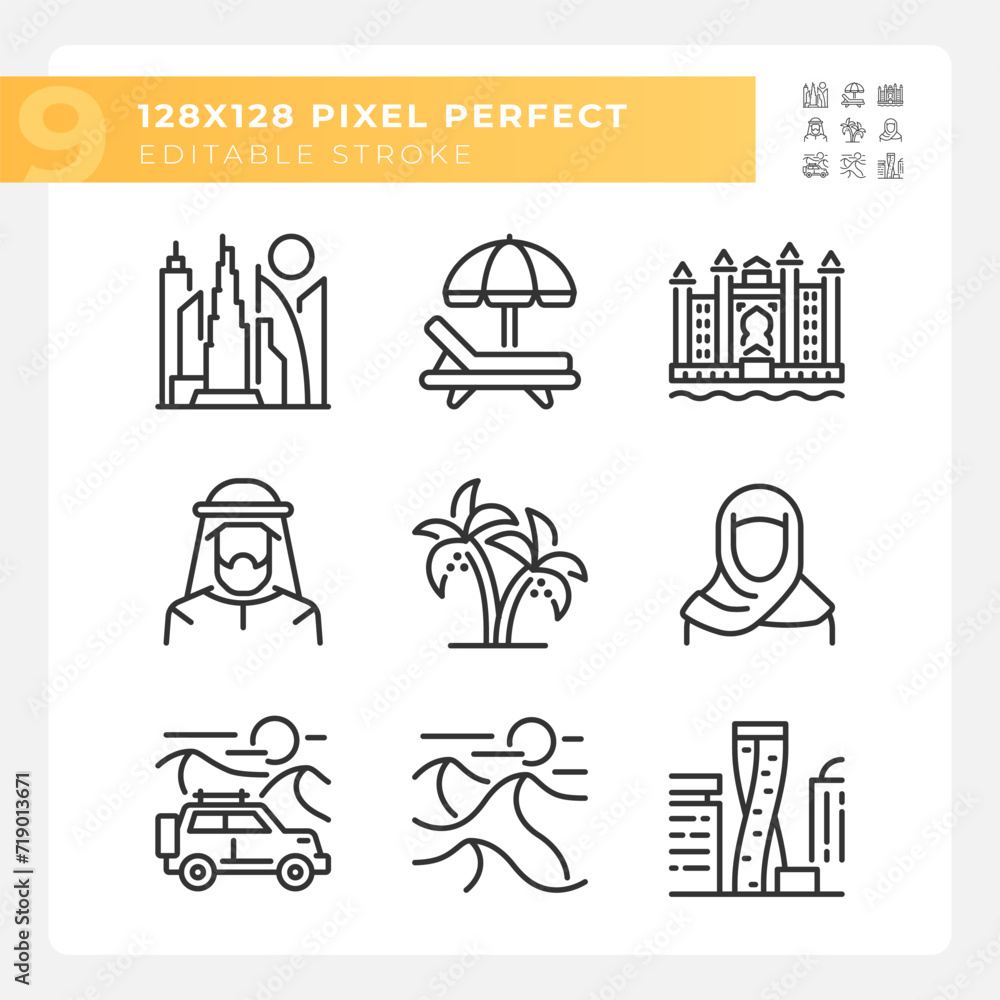 UAE Dubai rich lifestyle linear icons set. Ancient unique culture ...