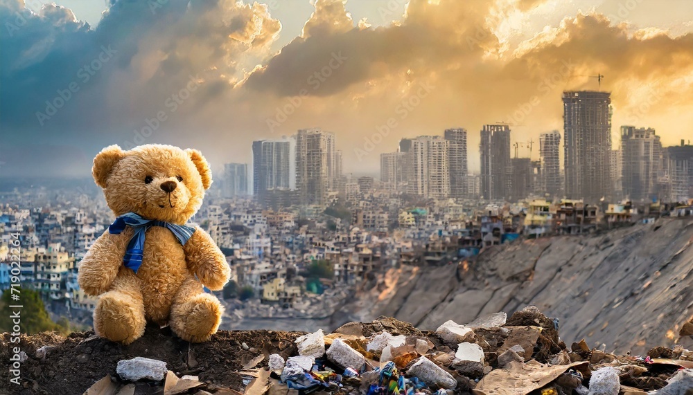 kids teddy bear toy over city burned destruction of an aftermath war ...