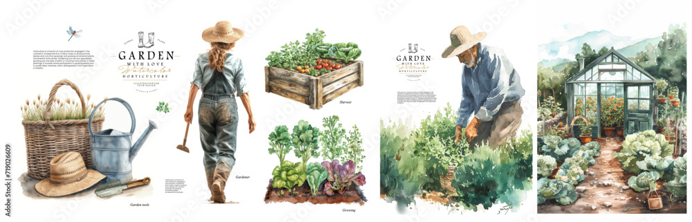 Garden, gardening and horticulture. Watercolor realistic illustration ...