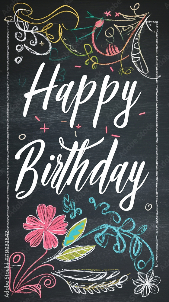 "Chalkboard Art Style Happy Birthday Greeting with Colorful Hand-Drawn ...