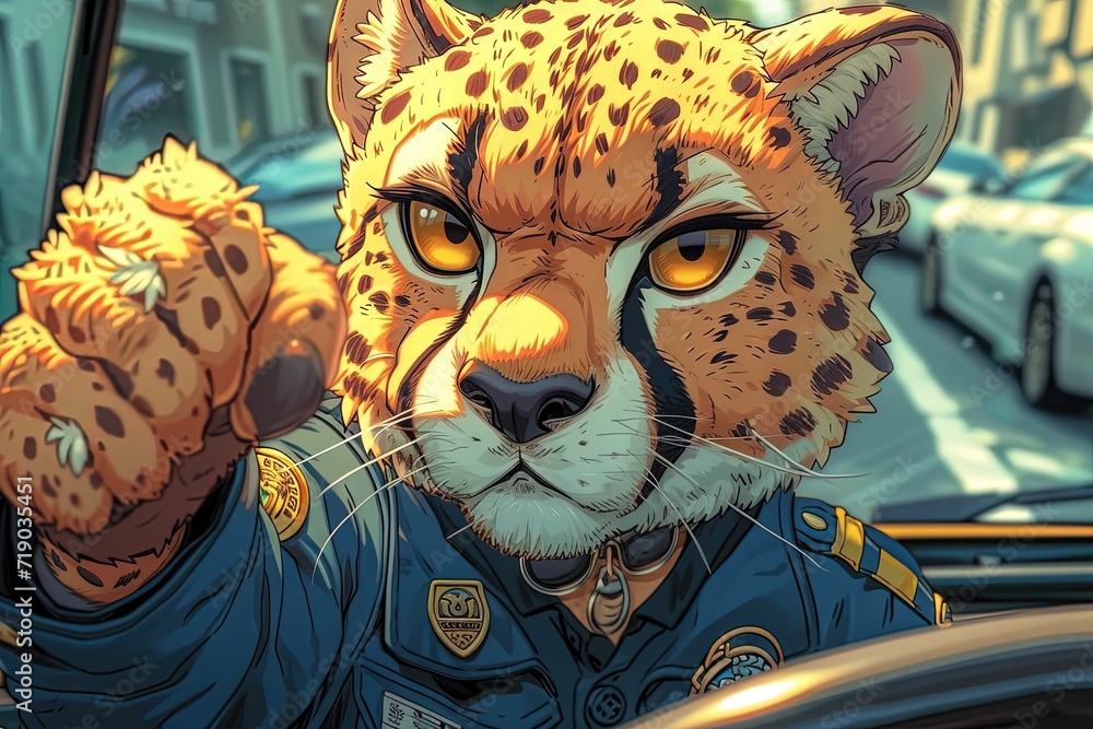 Cheetah Traffic Cop in cop uniform directing traffic with lightning ...