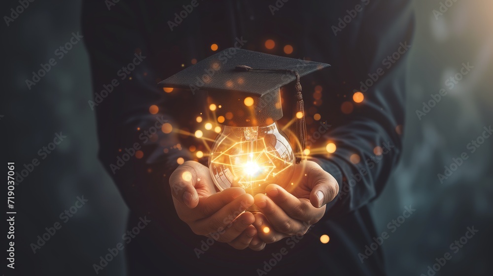 Graduation Achievement Hands holding a graduation cap within a glowing light bulb, symbolizing ...
