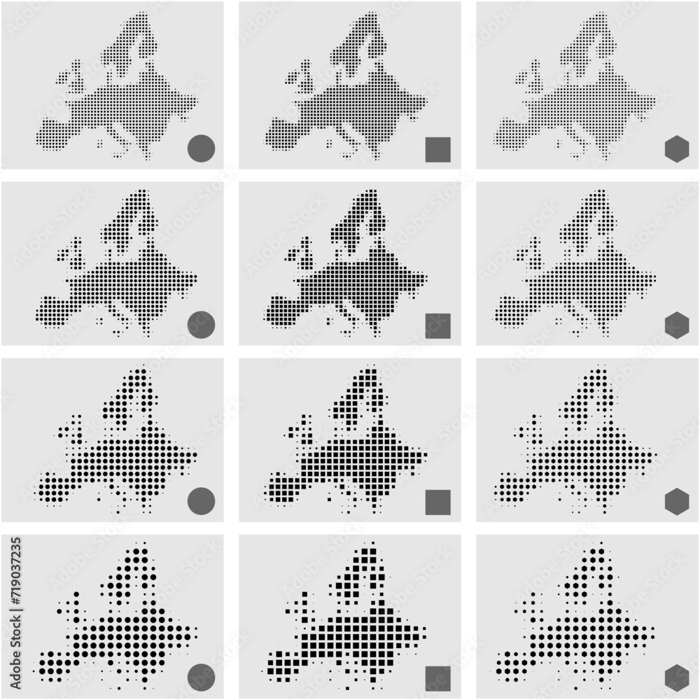 half tone dotted map of Europe three shapes circle square hexagon in ...