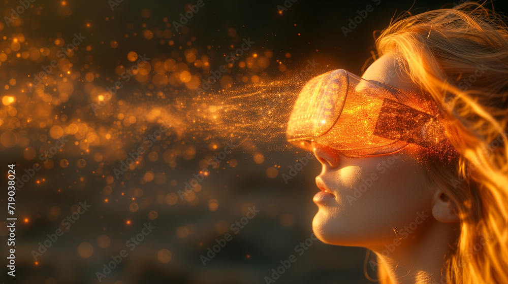 woman with flowing hair wears glowing VR glasses, with sparkles ...
