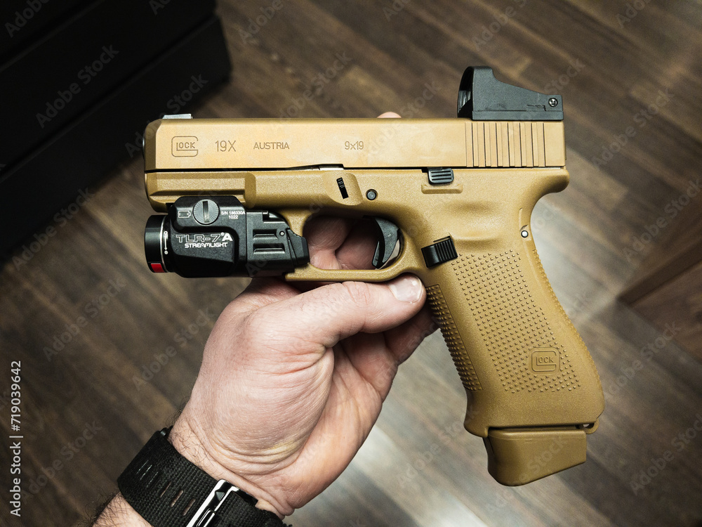 Baltic States, January 25, 2024. Tactical weapon, Glock 19x pistol with ...