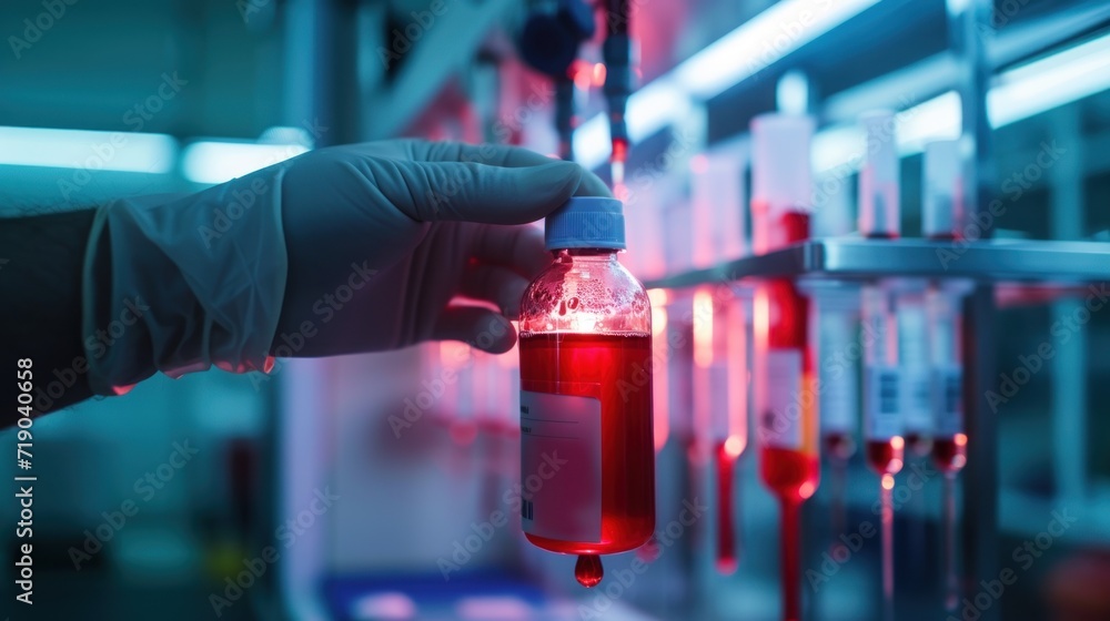 Doctor's hand holding a blood bag in a blood bag analysis laboratory in ...