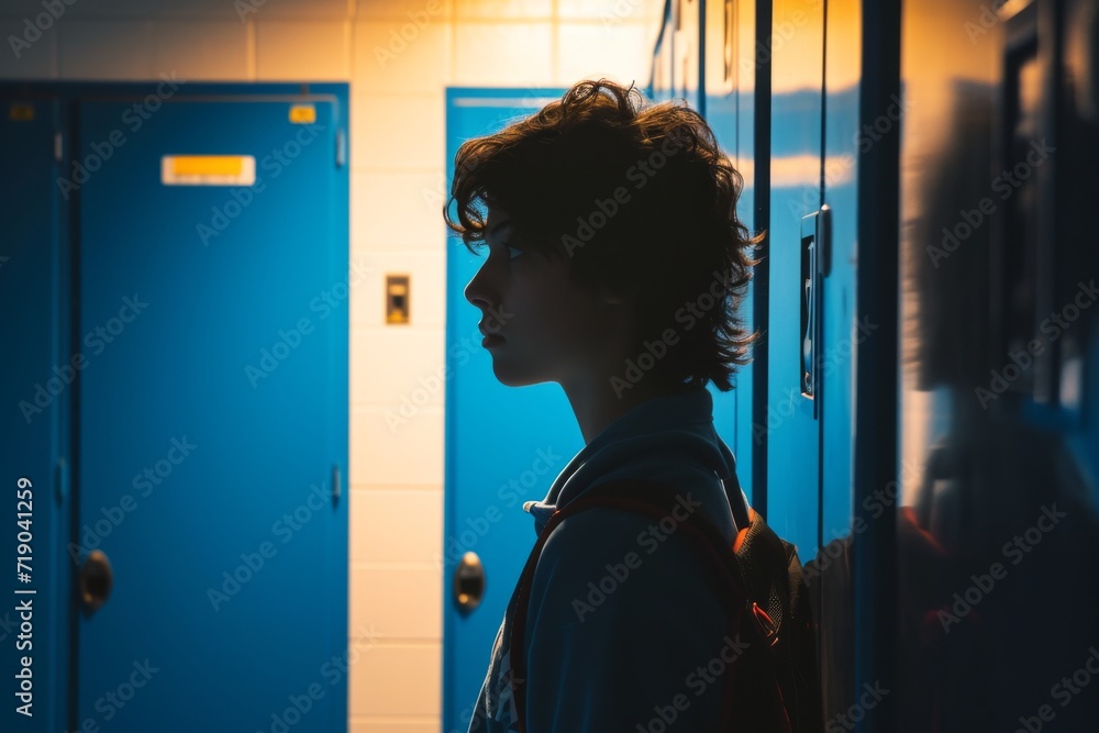 A person standing in front of a locker room door, looking uncertain, to ...