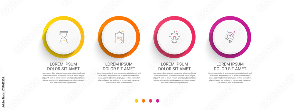 Timeline vector infographic design with 4 icons and circles. Circular ...