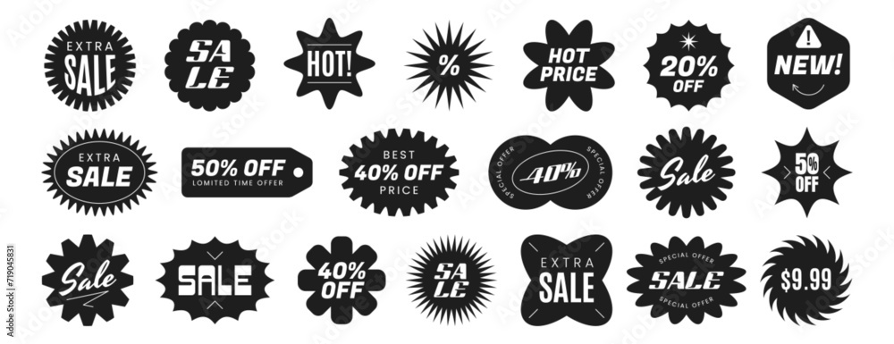 Vector set of black starburst sale sticker label. Promo star price tag ...