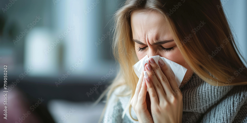 Flu. A sick woman is blowing her nose into a tissue Stock Photo | Adobe ...