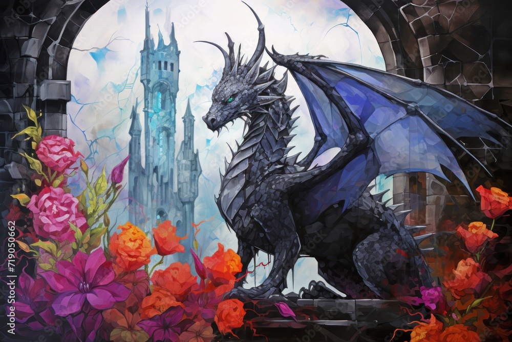 Black Noble Dragon with a floral castle background. Magic Kingdom ...