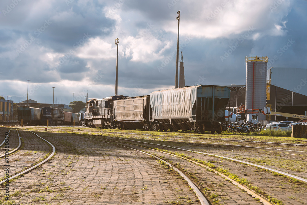City of Santos, Brazil. Porto de Santos railroad. Freight trains of the ...