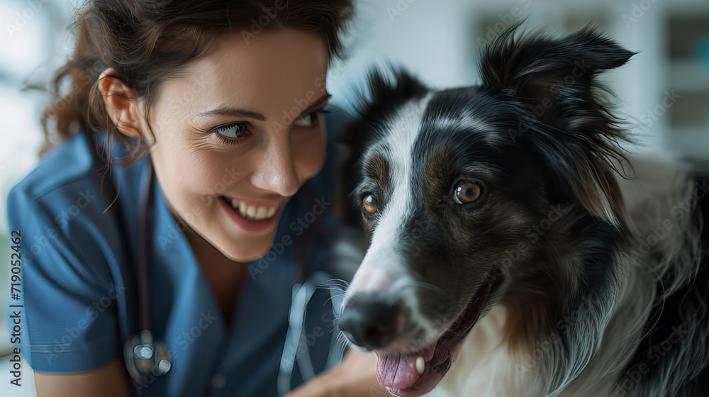 Beautiful female vet nurse doctor examining a cute happy border collie ...