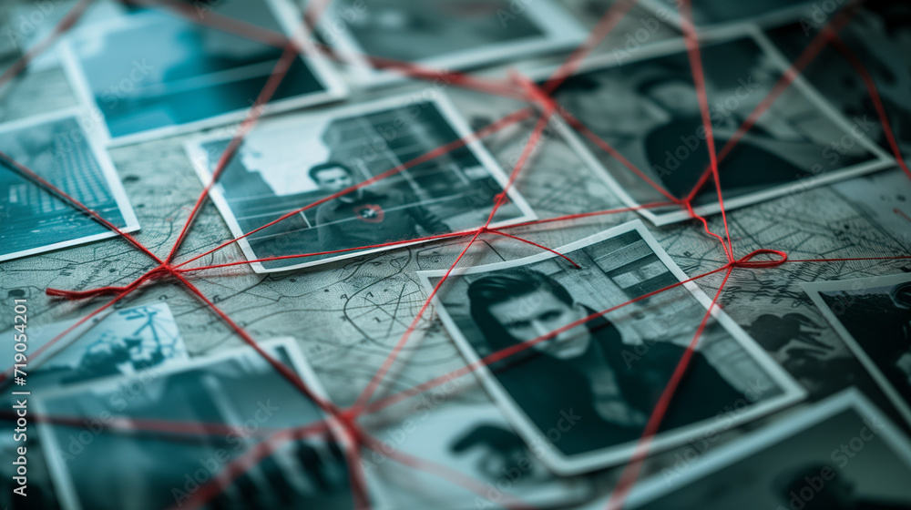 Crime investigation concept with detective board with photos connected ...