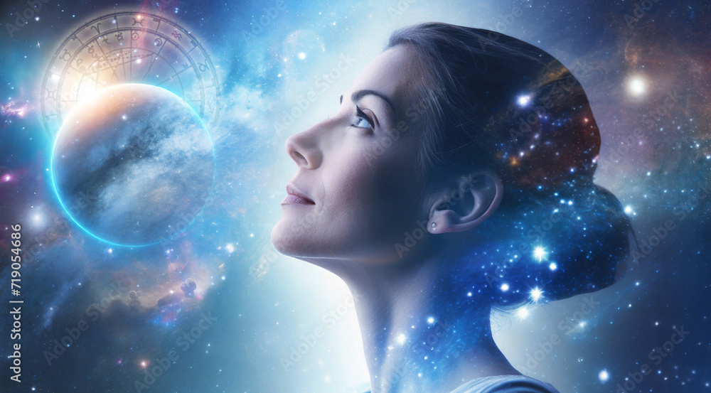 illustration of astrology concept with a beautiful woman looking up to ...