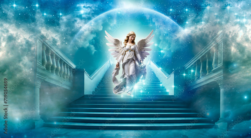 angel archangel on divine staircase toward universe and with mystical ...