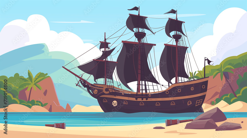 cartoon illustration of pirate ship in the sea near sand beach on a ...
