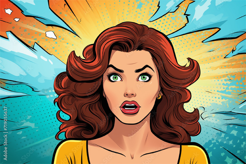Surprised or scared woman face, illustration in retro comic style, pop ...