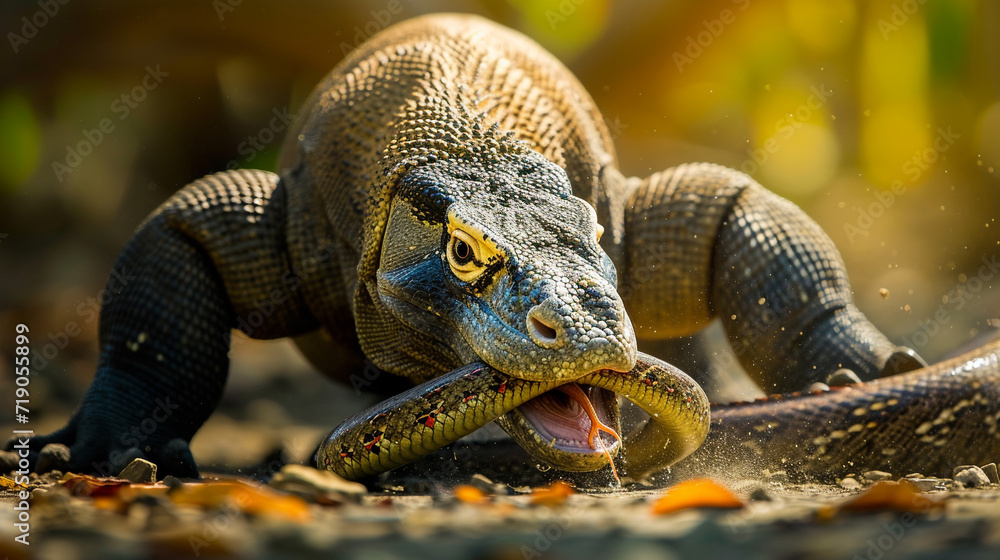 The Komodo dragon attacks its prey, a rare and dangerous animal, with ...