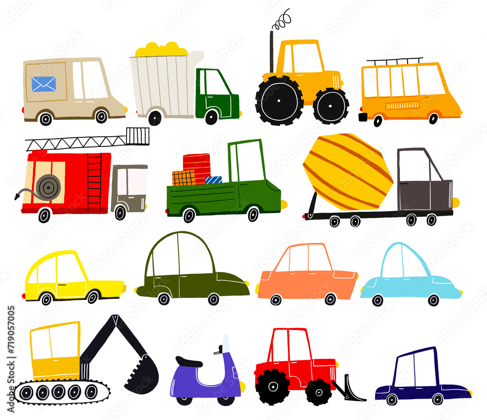 Children's set with simple cars. Collection of cars: trucks, vans ...