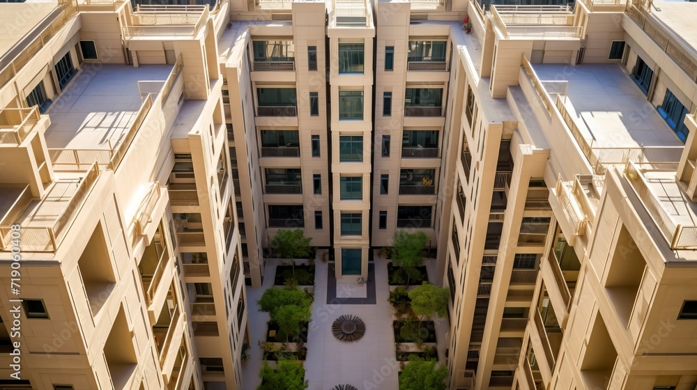 Inner courtyard of a modern high-rise office building with a green ...