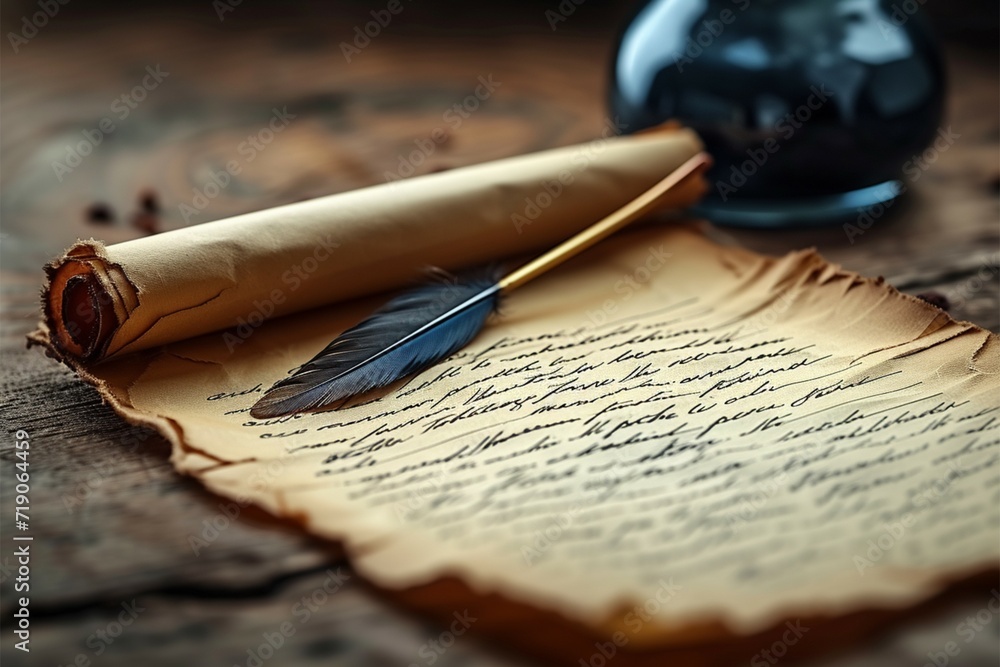 Vintage elegance Old paper, ink letter, calligraphy, and inkwell ...