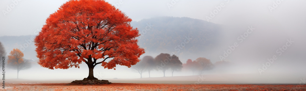 Crimson Solitude: A vibrant red tree stands prominently in the midst of ...