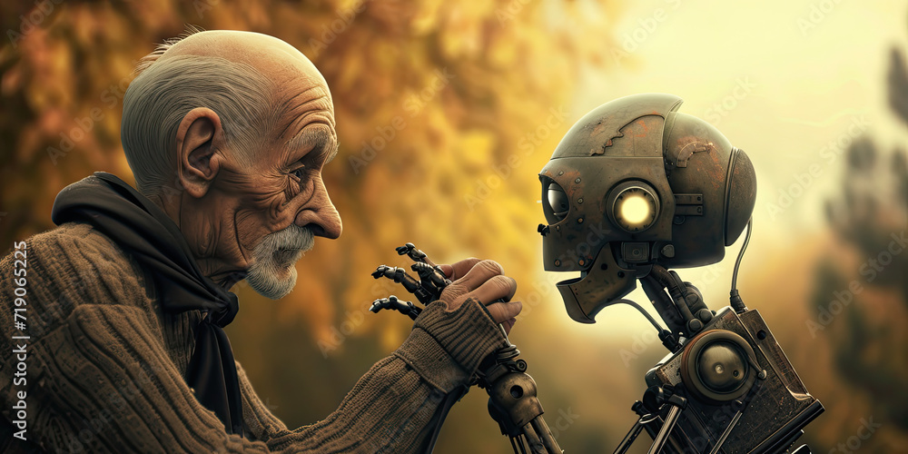 Elderly old man with robot Ai artificial intelligence assistant helper ...