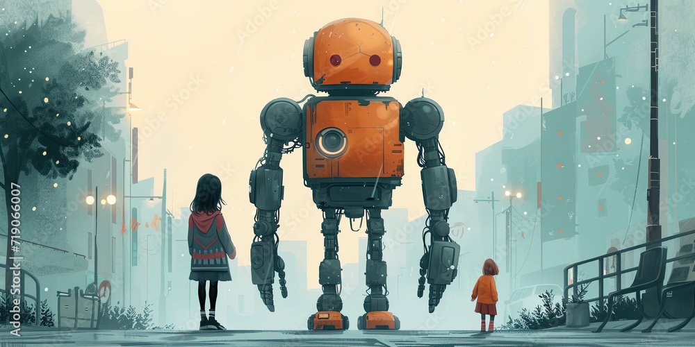 Child with best friend AI robot companion, friendship artificial ...