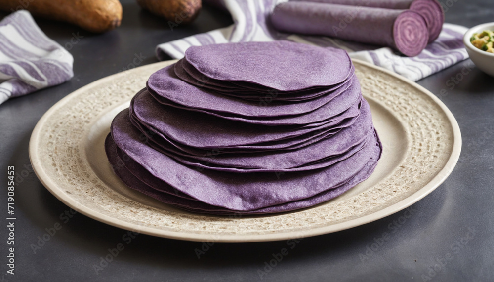 Purple sweet potato tortillas, delicious ube halaya - stack of purple ...