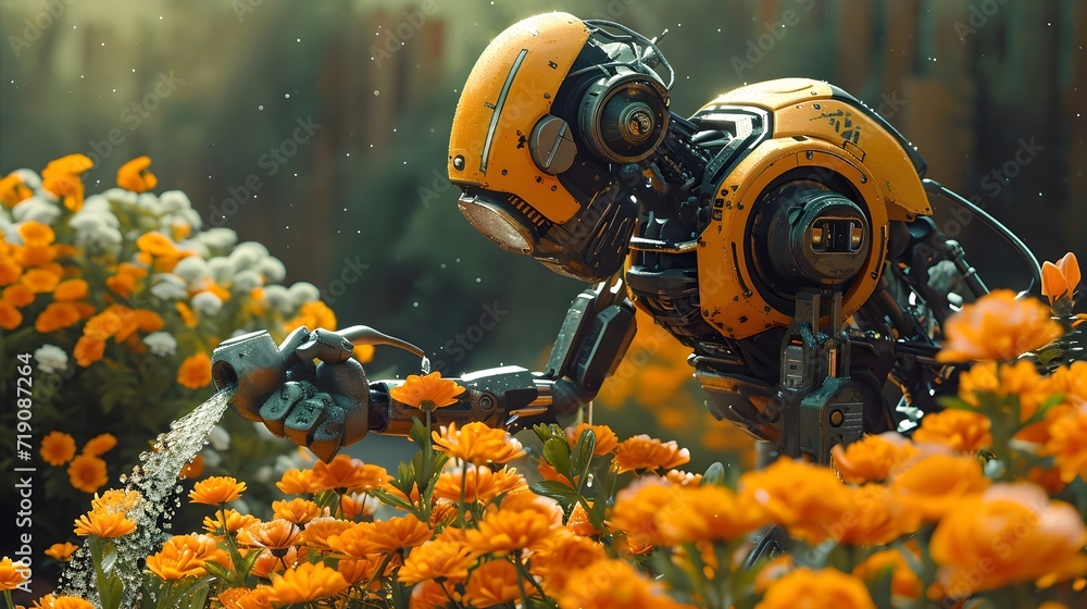 cyberpunk robot watering flower plants. robot and nature. effective use ...
