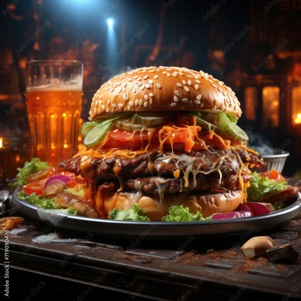 An image featuring a burning burger with fire flame and smoke on tray ...