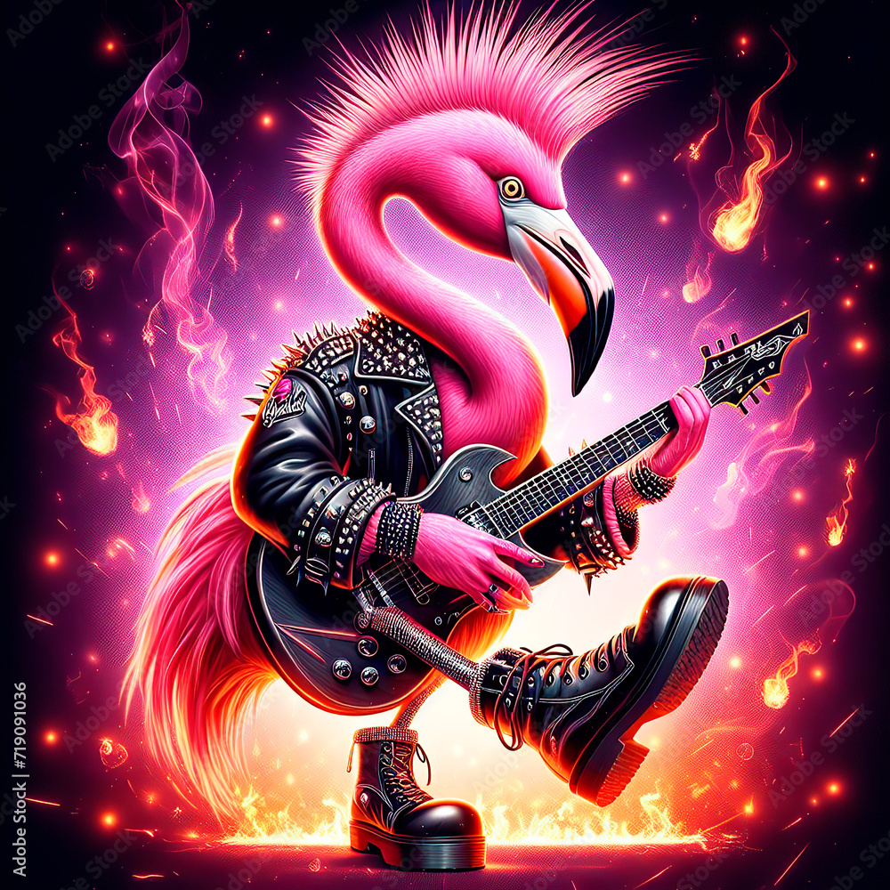 Pink flamingo with a mohawk hairstyle made of red feathers. The ...