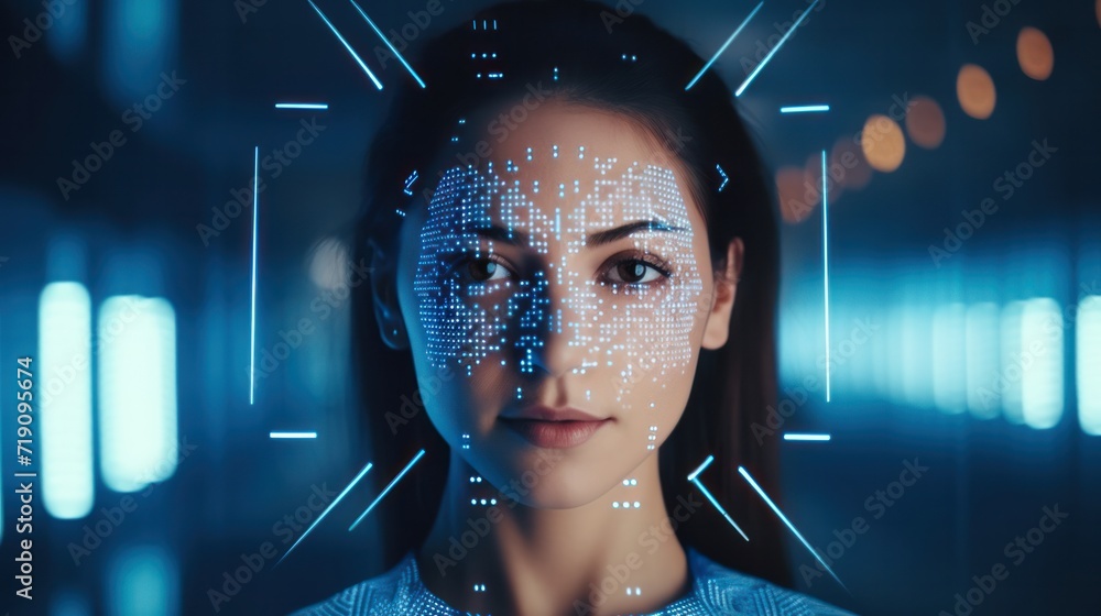 Foto de Face recognition technology scanning young businesswoman face ...