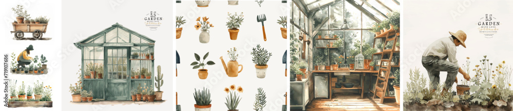Gardening, gardening and horticulture. Watercolor realistic ...