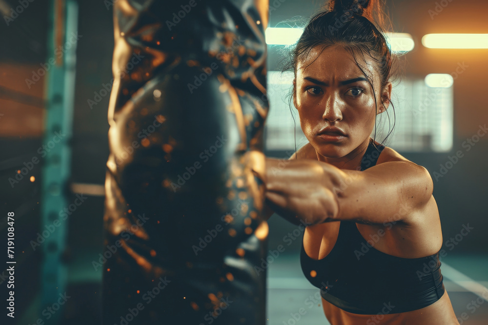 A determined woman unleashes her inner strength as she fiercely strikes ...
