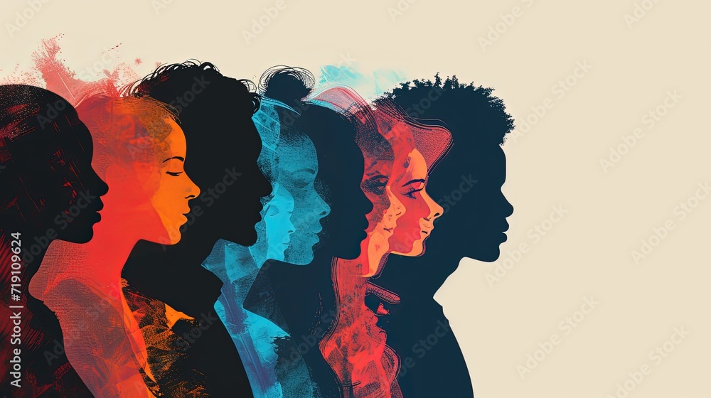 Artistic series of human profiles in a gradient of colors, illustrating ...