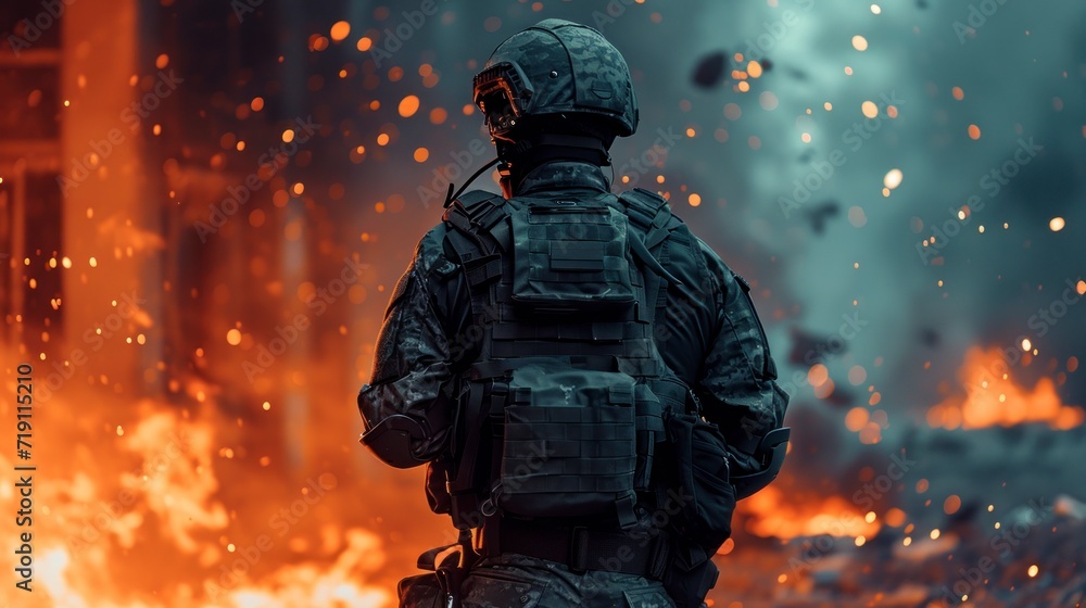 soldier with vest and helmet in battle in a destroyed and abandoned ...