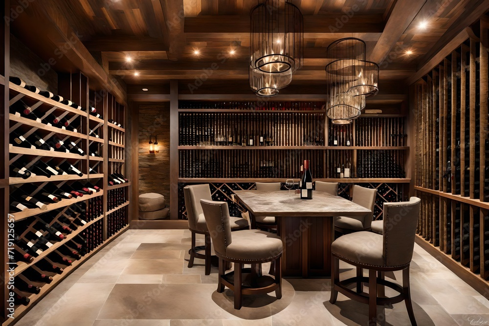 A rustic wine cellar with floor-to-ceiling wooden wine racks, a stone ...