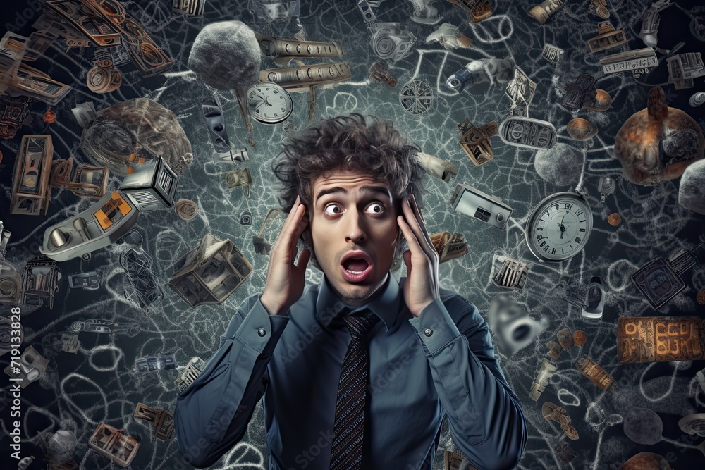Confusion: man with his mind confused, thinking mess over blackboard ...