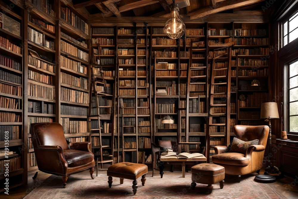 A rustic home library with floor-to-ceiling bookshelves, a cozy reading ...