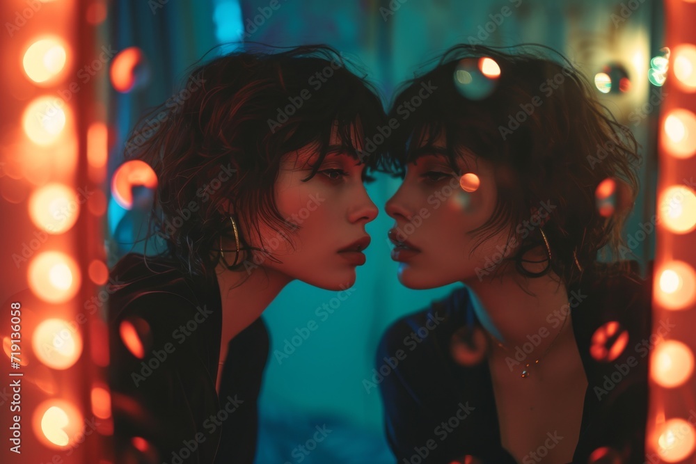 A transgender individual looking into a mirror, with their reflection ...