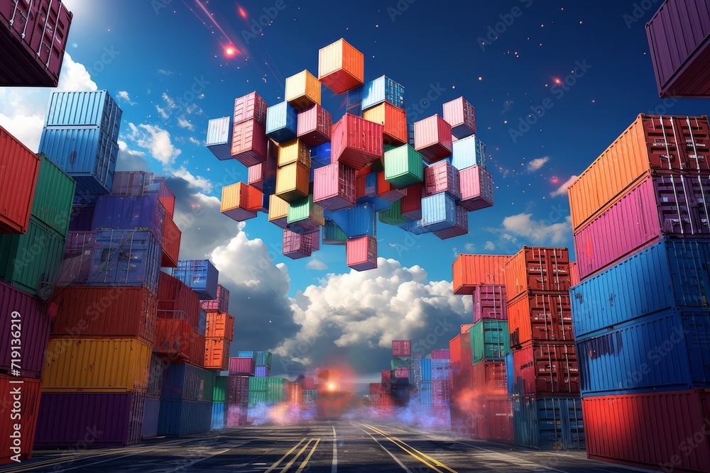 Stacked cargo containers create bustling scene in dynamic port ...