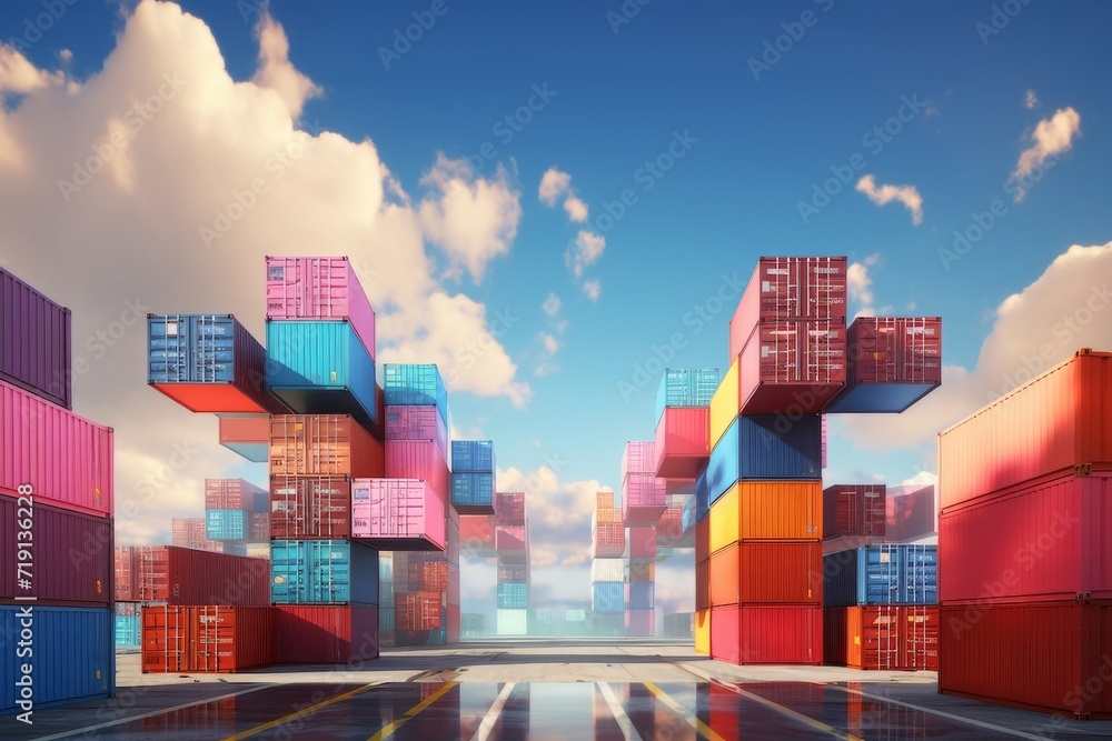 Stacked cargo containers create bustling scene in dynamic port ...