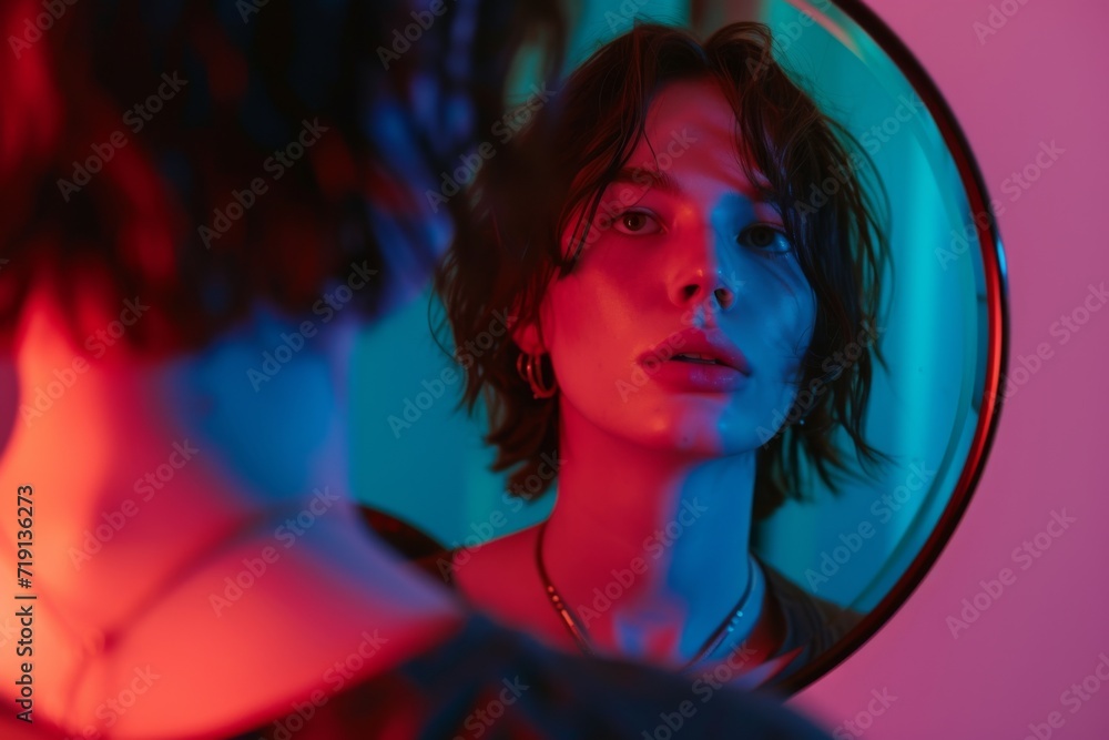 A transgender individual looking into a mirror, with their reflection ...