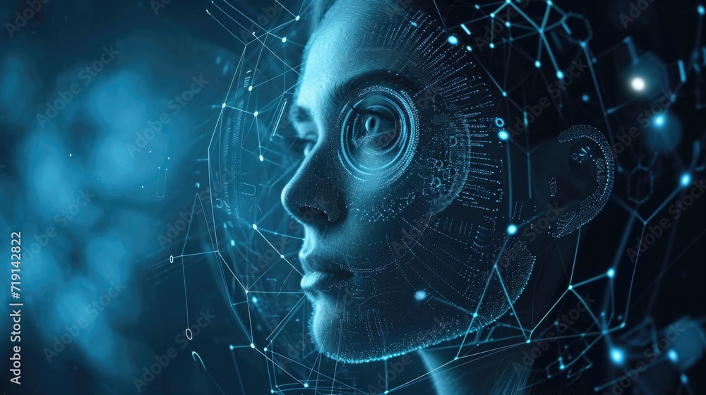 Beautiful woman and eye with digital biometric scanning and data ...