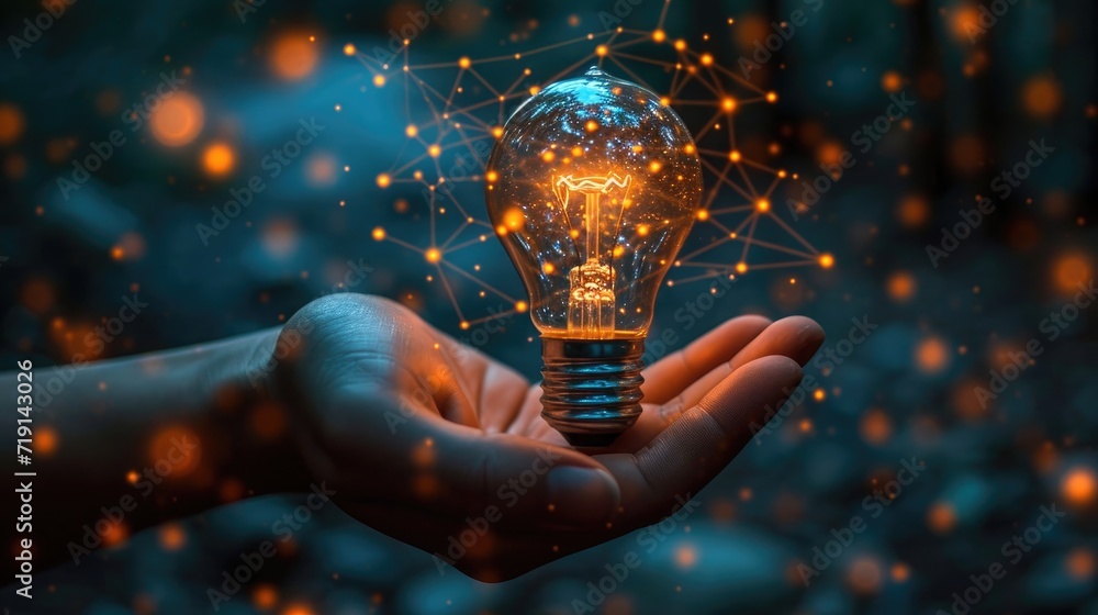 A hand holding a glowing light bulb, with digital lines and nodes ...
