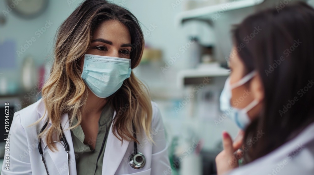 Friendly medic service people female help talk discuss of medical exam ...